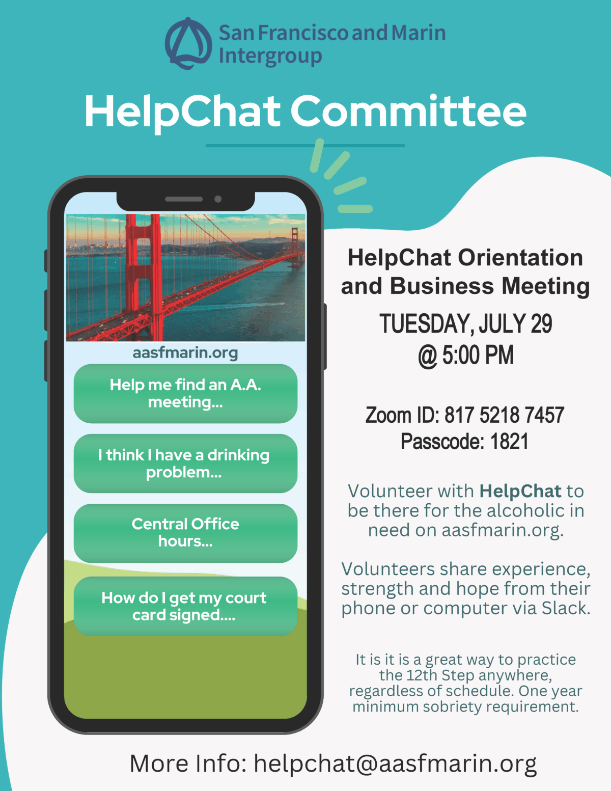 HelpChat Committee Quarterly Meeting (online) - San Francisco and Marin Intergroup | Central Office